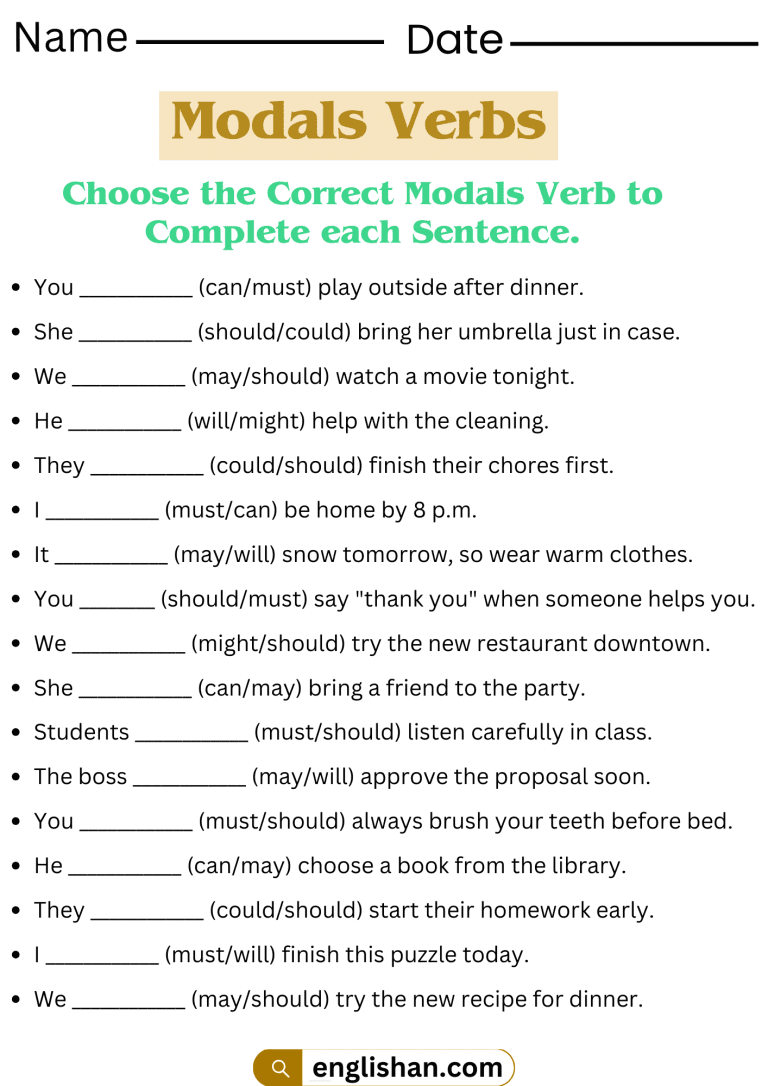 Modals Verbs Exercises with Answers in English