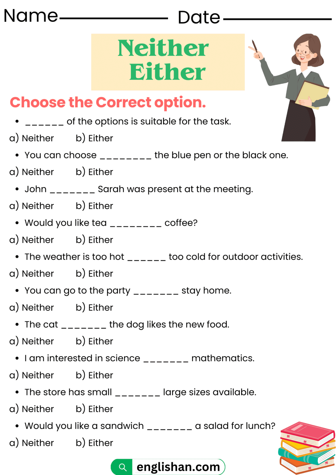 Neither Either Worksheets and Exercises with Answers in English