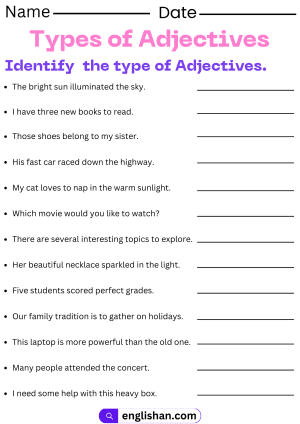 Types of Adjectives Worksheets and Exercises with Answers