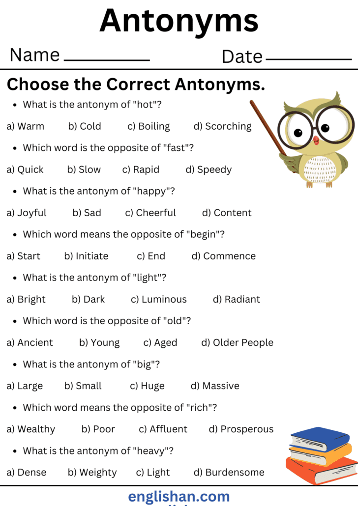 Antonyms Worksheets and Exercises with Answers in English • Englishan