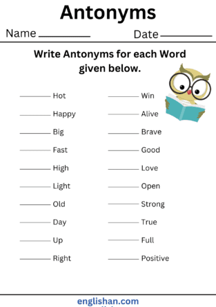 Antonyms Worksheets and Exercises with Answers in English • Englishan