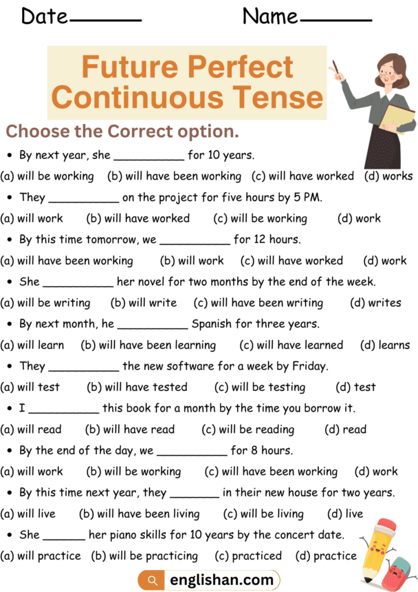 Future Perfect Continuous Worksheets and Exercises with Answers