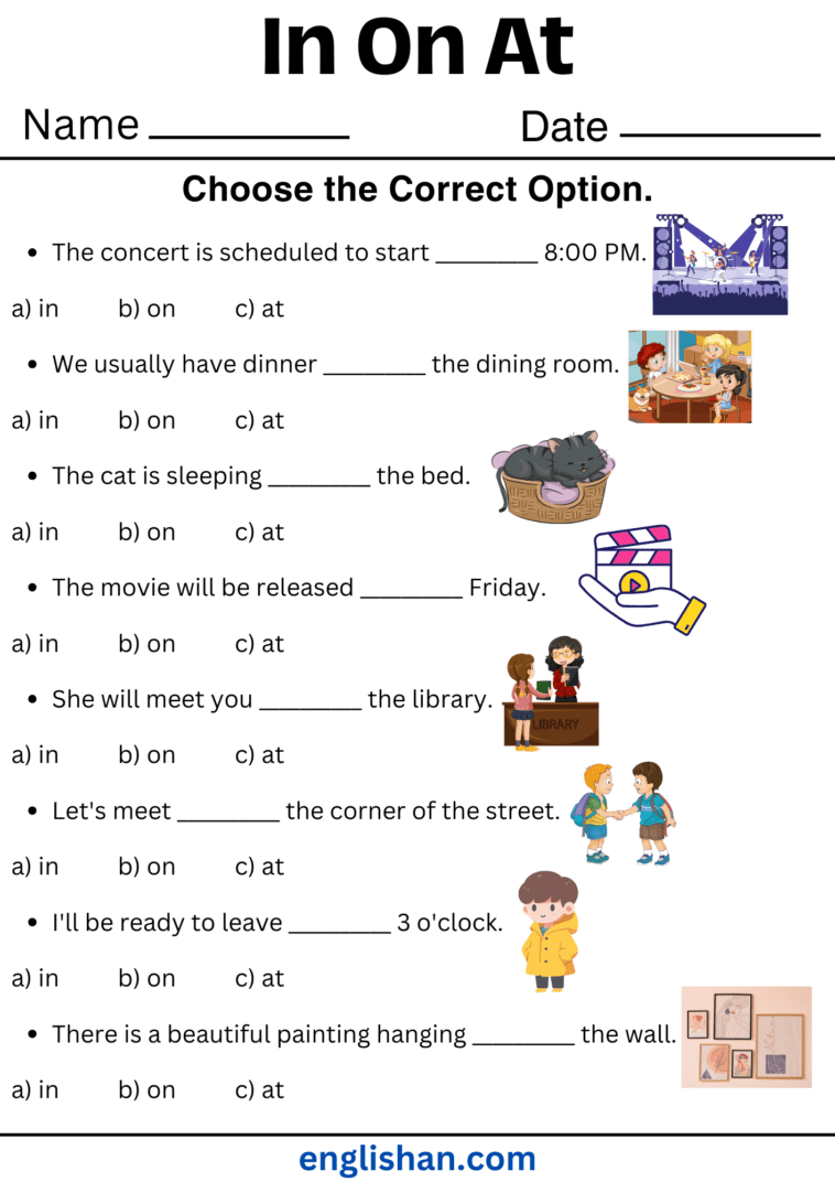 In On At Worksheets | Preposition of Time Worksheets