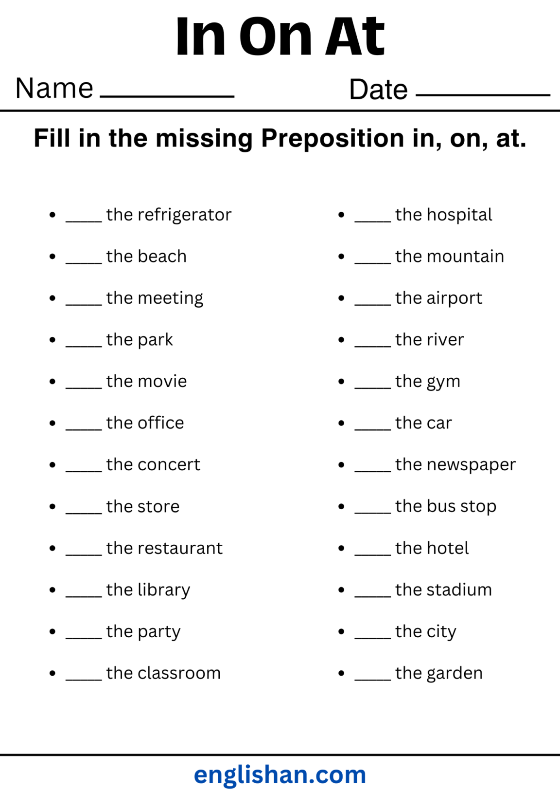 In On At Worksheets | Preposition of Time Worksheets
