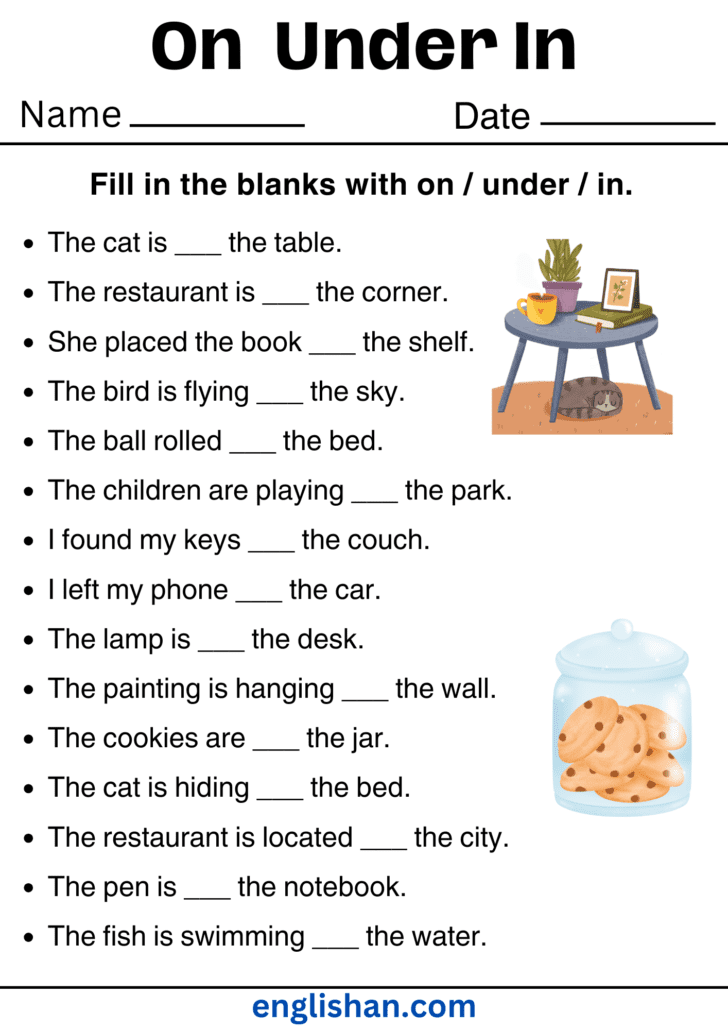 On Under In Worksheets | Preposition of Place With Answers