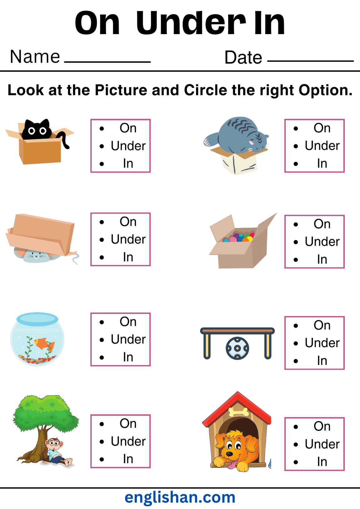 On Under In Worksheets | Preposition of Place With Answers