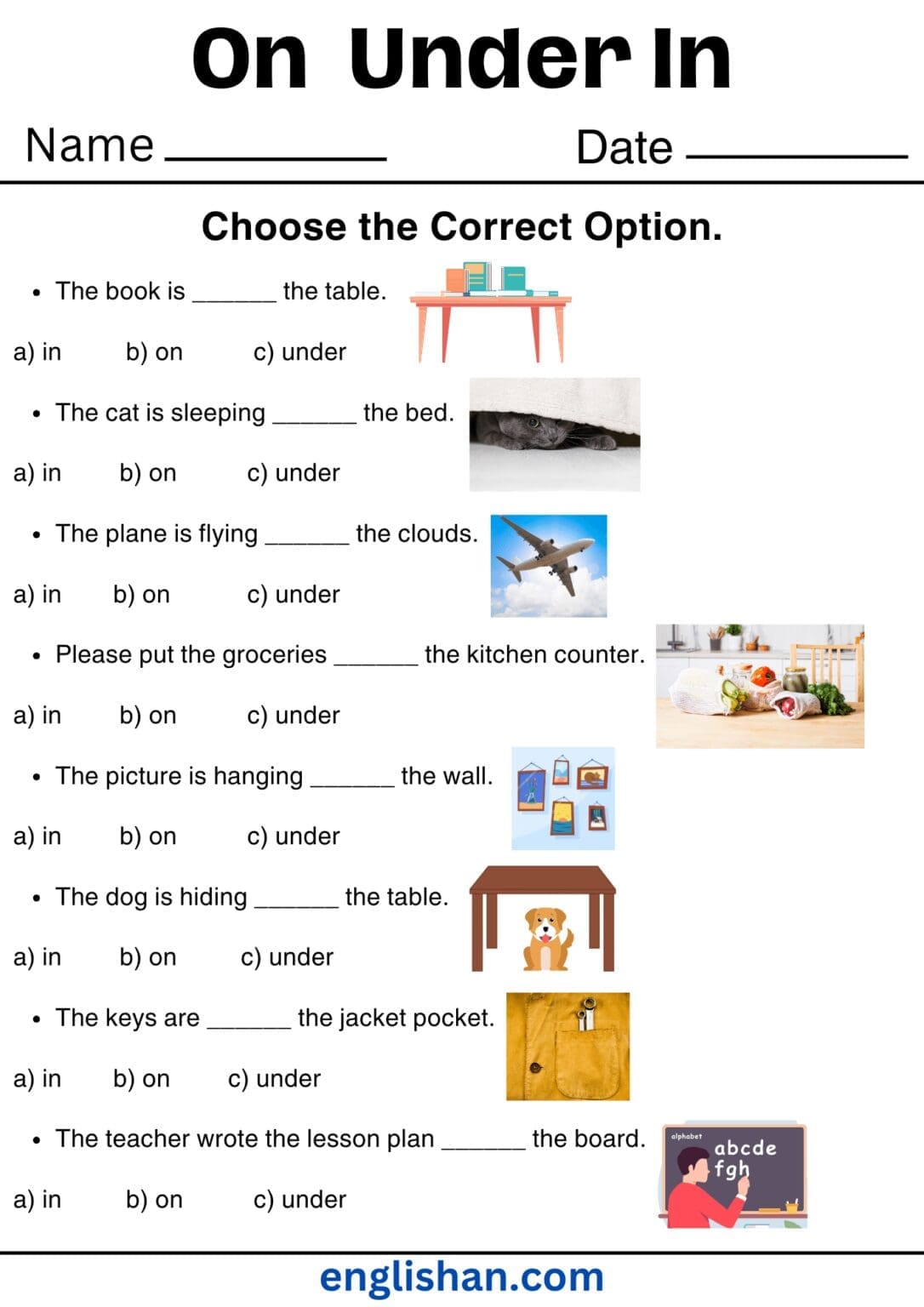 On Under In Worksheets | Preposition of Place With Answers