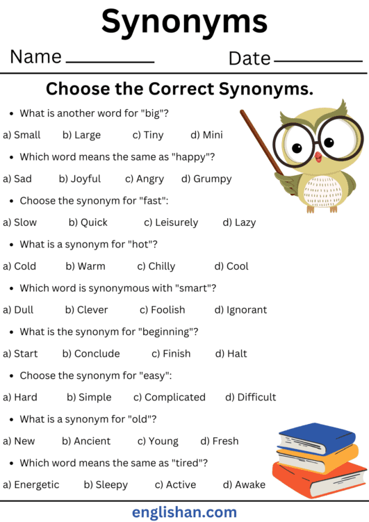 Synonyms Worksheets and Exercises with Answers in English