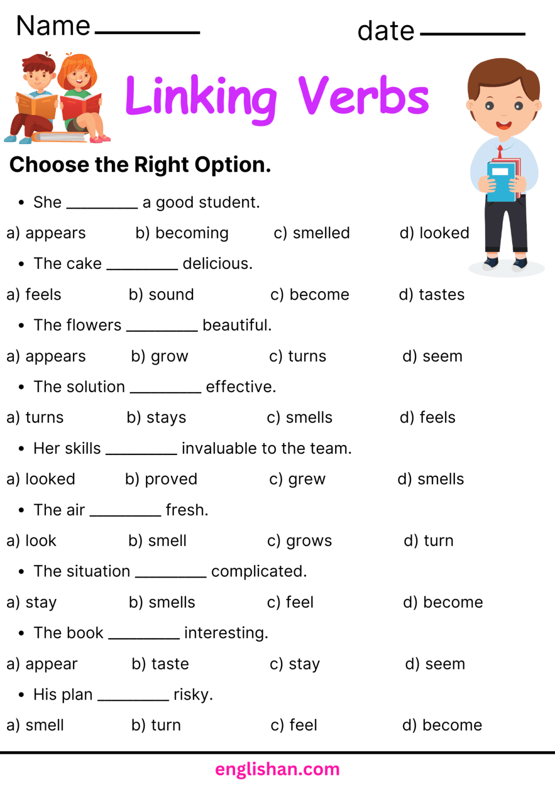 Linking Verbs Worksheets and Exercises with Answers