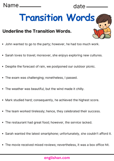 Transition Words Worksheets and Exercises with Answers