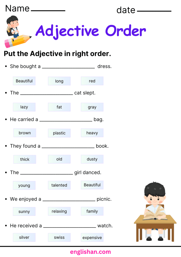 Adjective Order Worksheets and Exercises with Answers