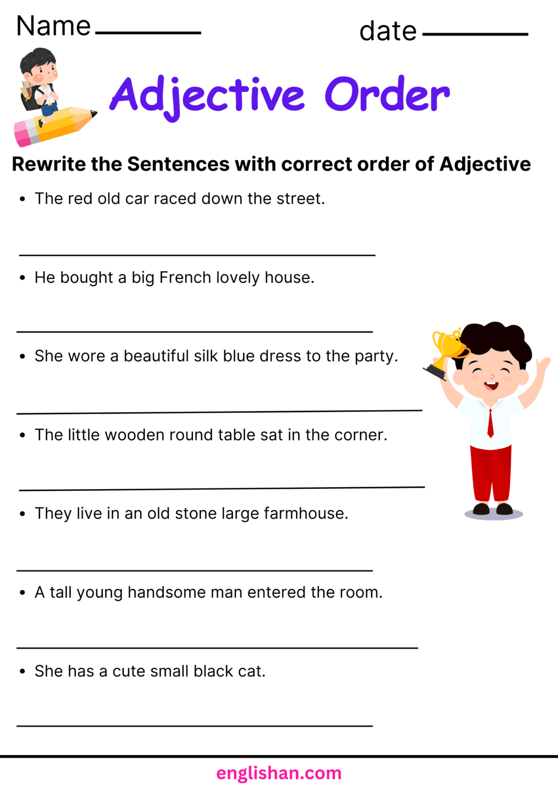 Adjective Order Worksheets and Exercises with Answers