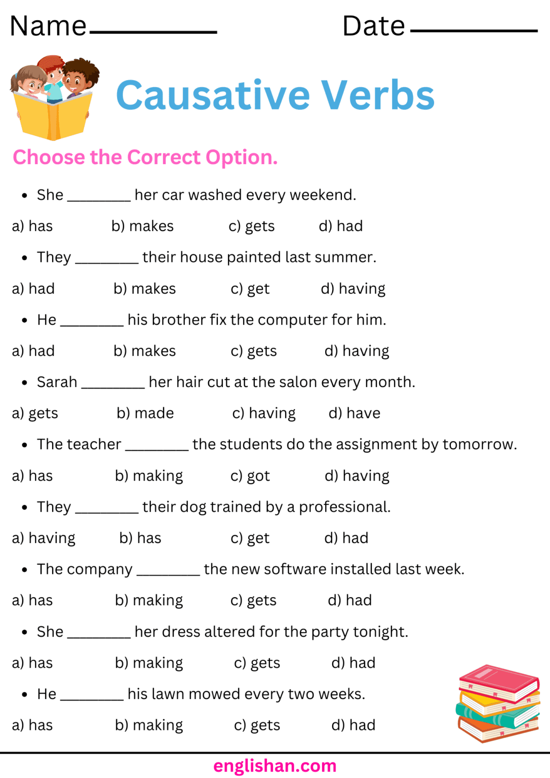 Causative Verbs Worksheets and Exercises with Answers
