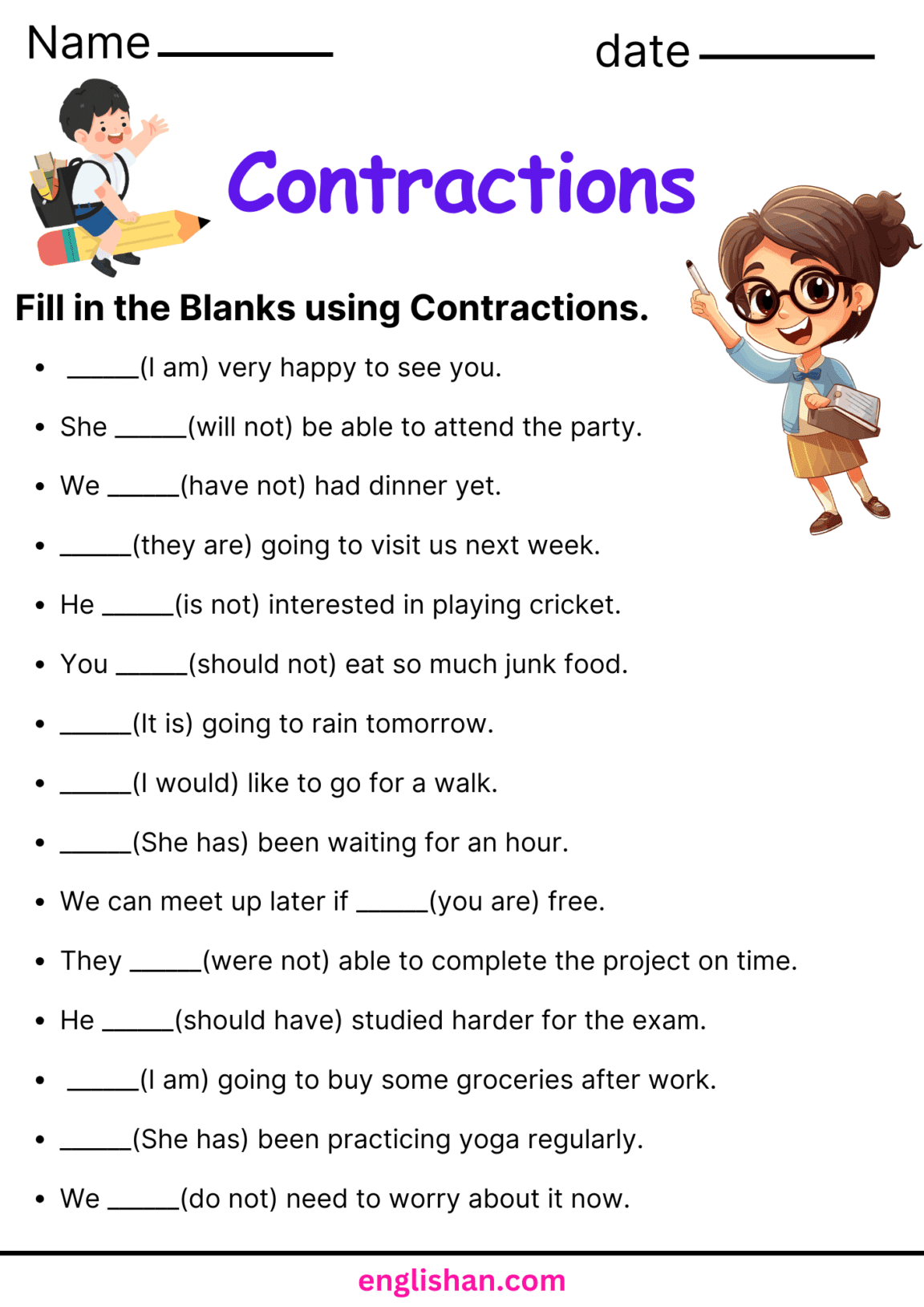 Contractions Worksheets and Exercises with Answers