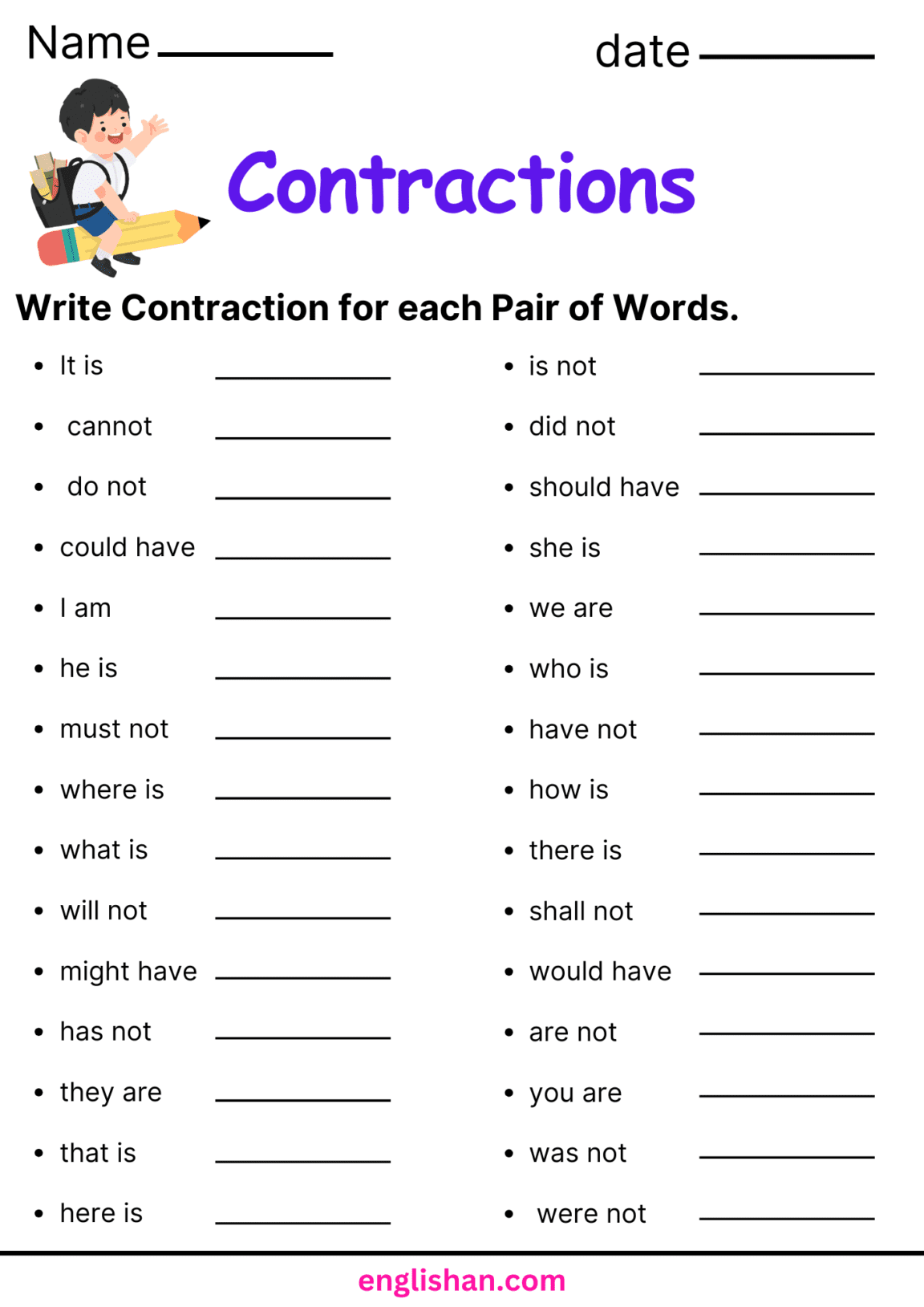Contractions Worksheets and Exercises with Answers
