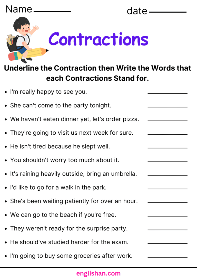 Contractions Worksheets and Exercises with Answers