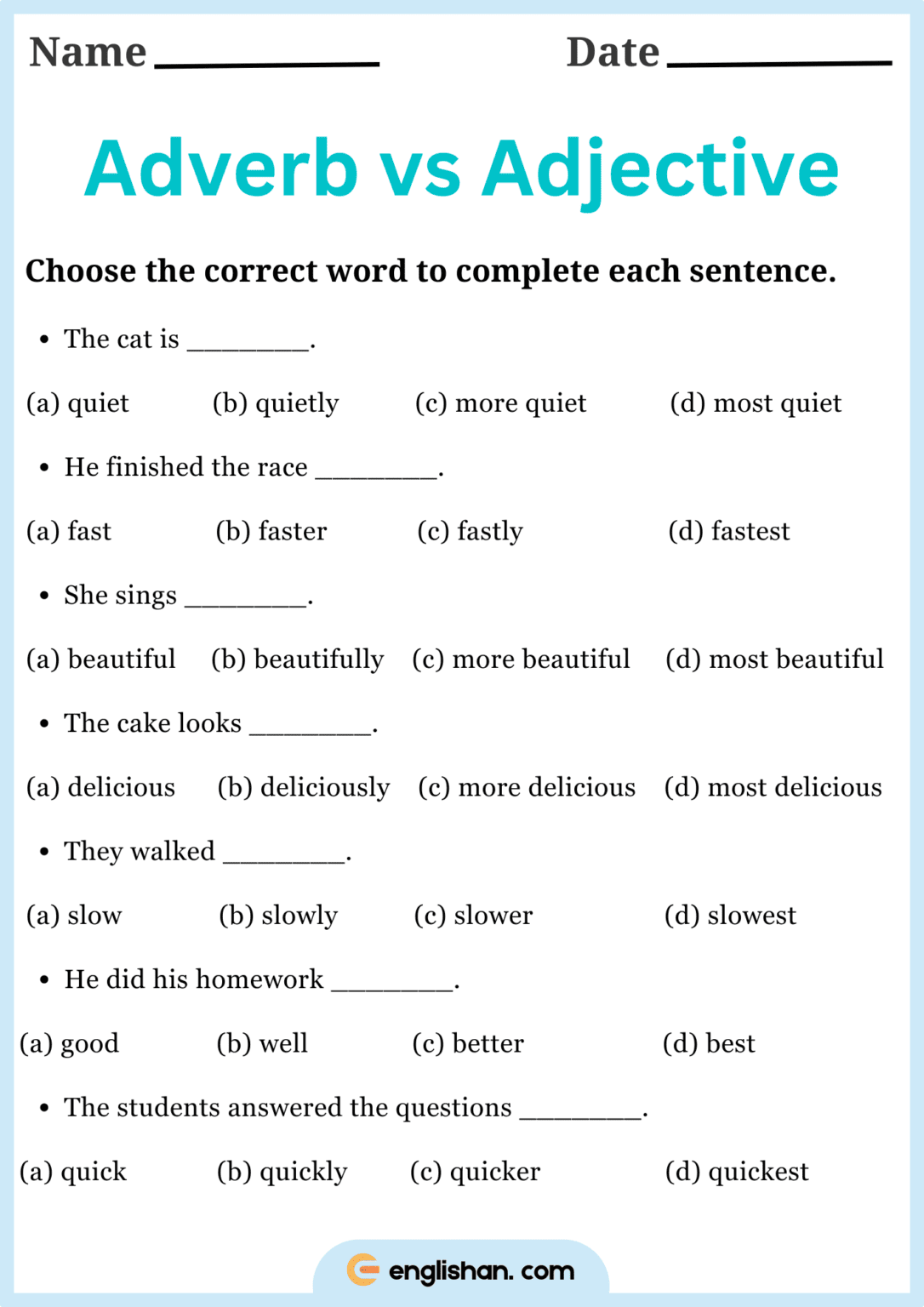 Adverb vs Adjective Worksheets with Answers