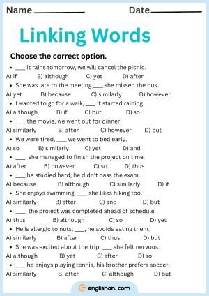 Linking Words Worksheets and Exercises with Answers