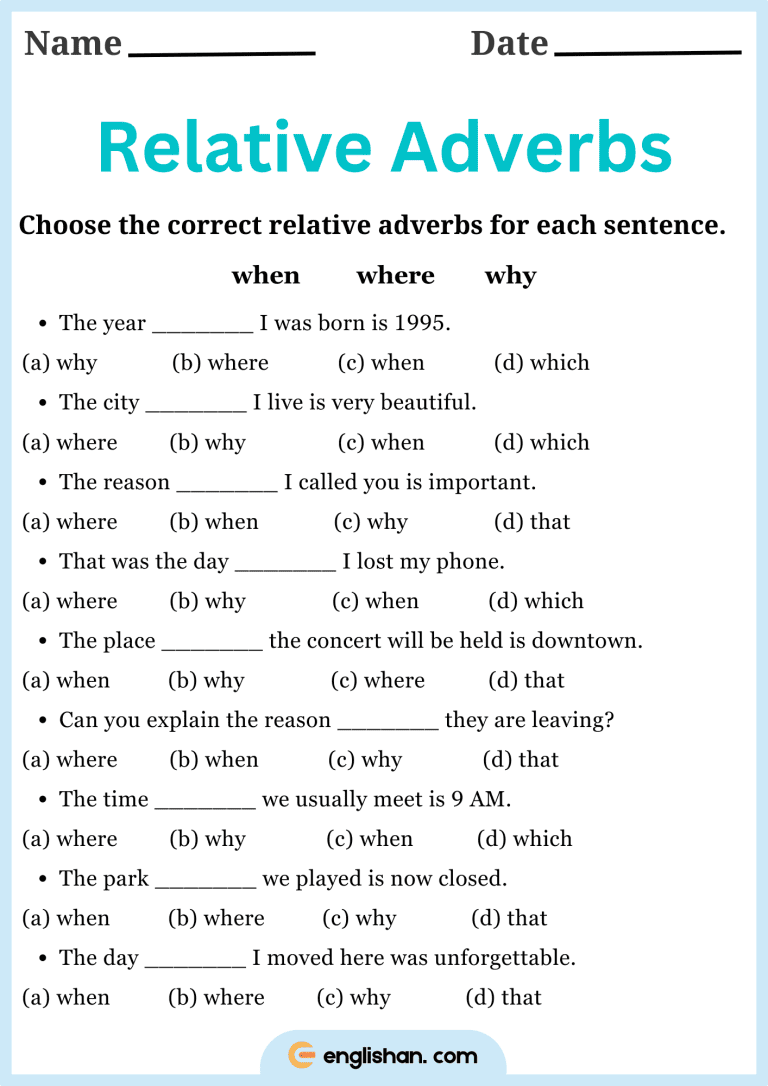 Relative Adverbs Worksheets with Answers