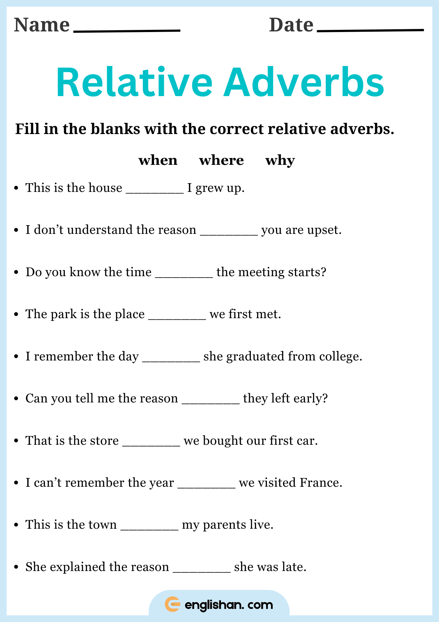 Relative Adverbs Worksheets with Answers Relative Adverbs Worksheets with Answers