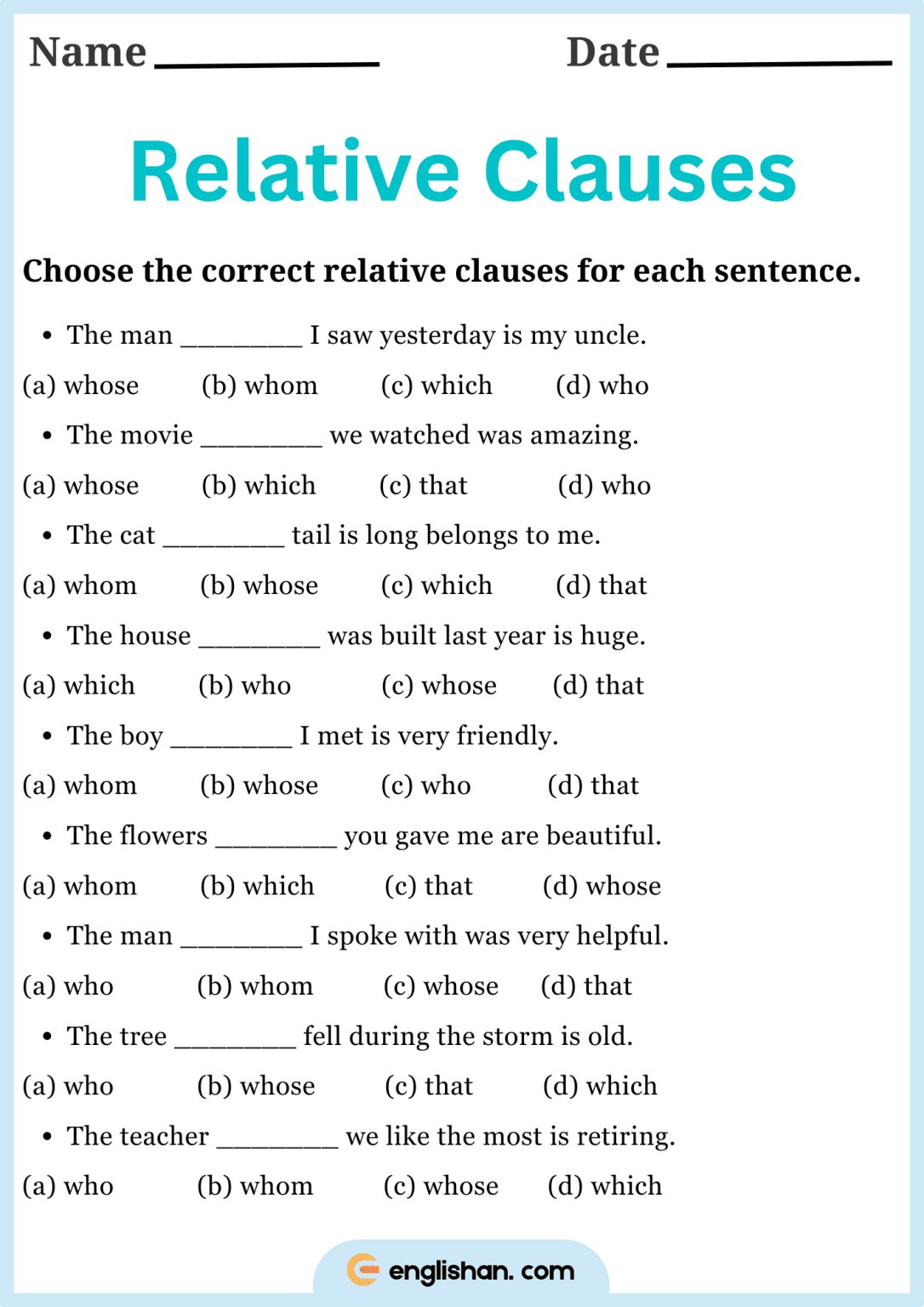 Relative Clauses Worksheets with Answers • Englishan