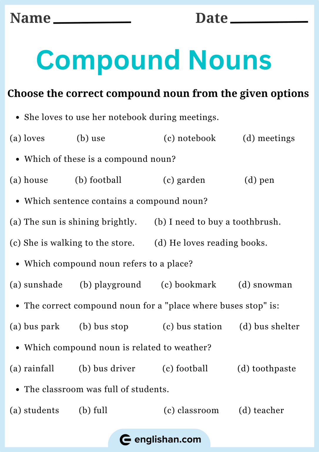 Compound Nouns Worksheets with Answers