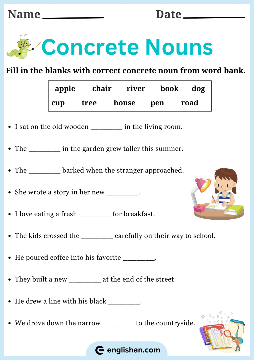 Concrete Nouns Worksheets with Answers