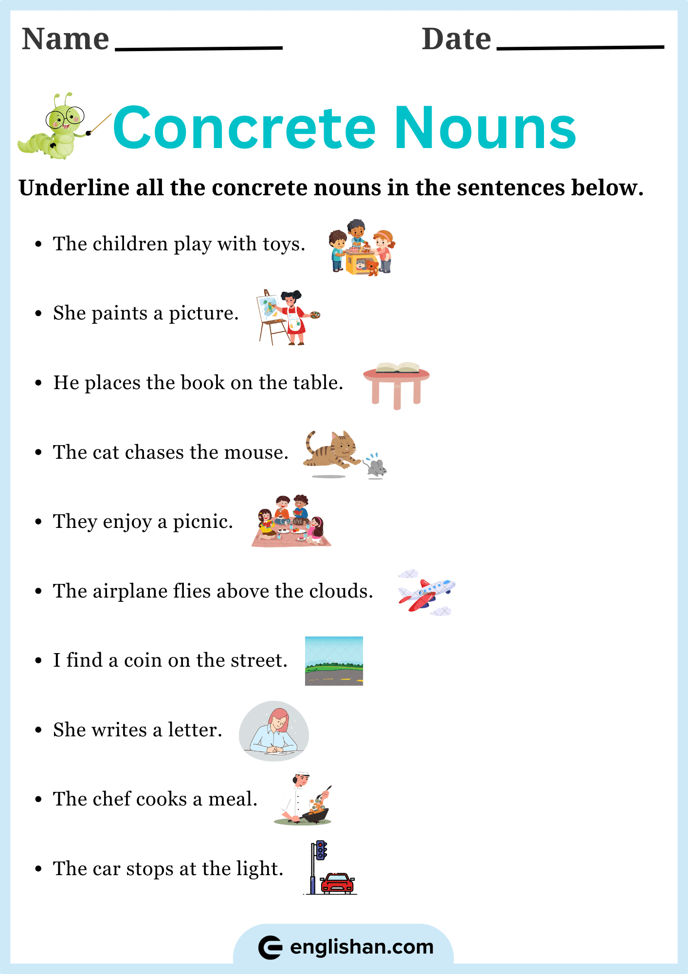 Concrete Nouns Worksheets with Answers