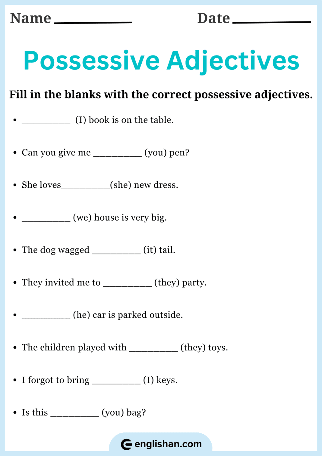 Possessive Adjectives Exercises with Answers