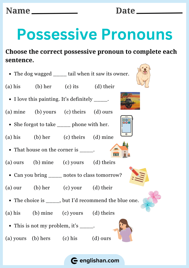 Possessive Pronouns Worksheets with Answers