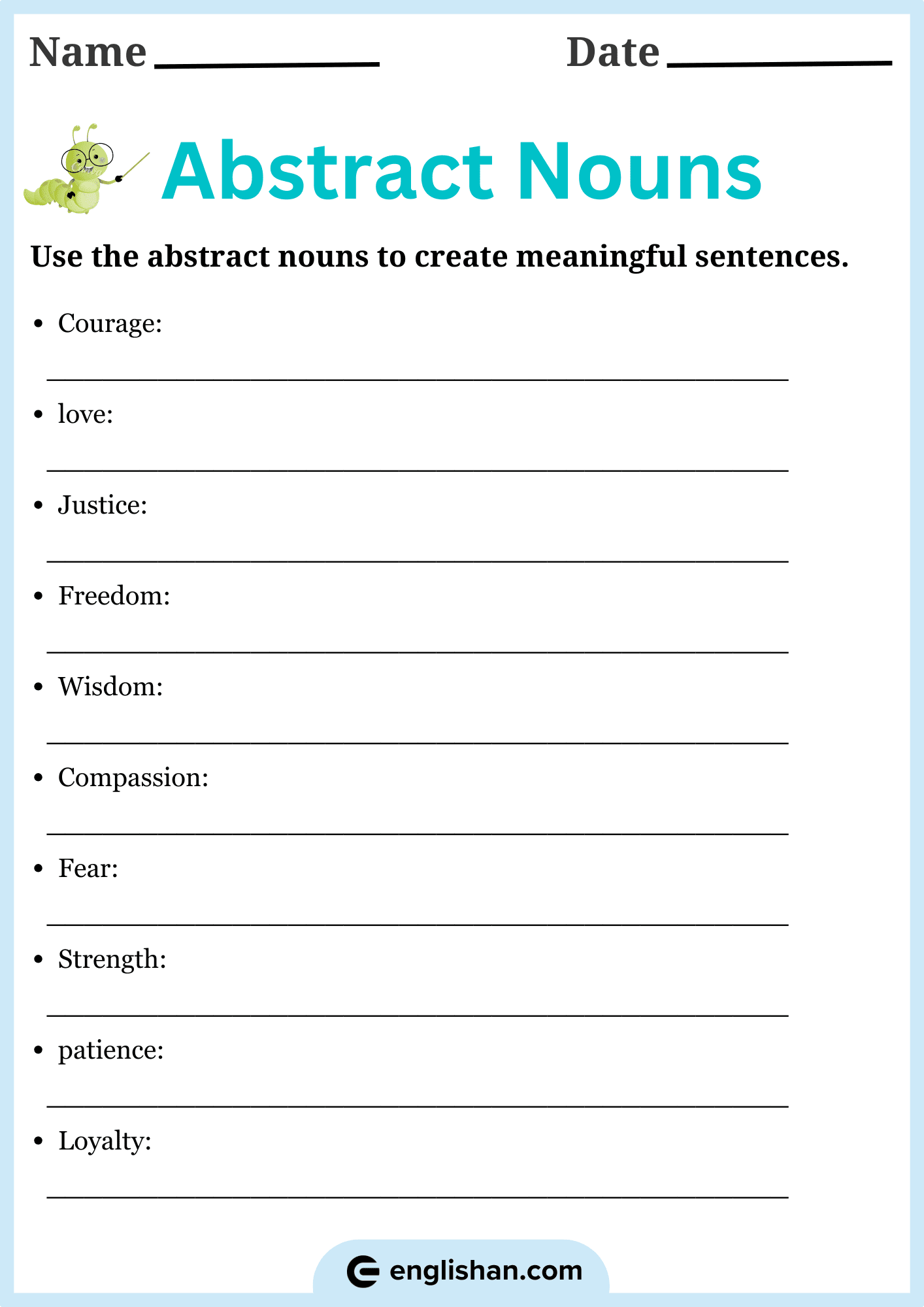Abstract Nouns Worksheets with Answers