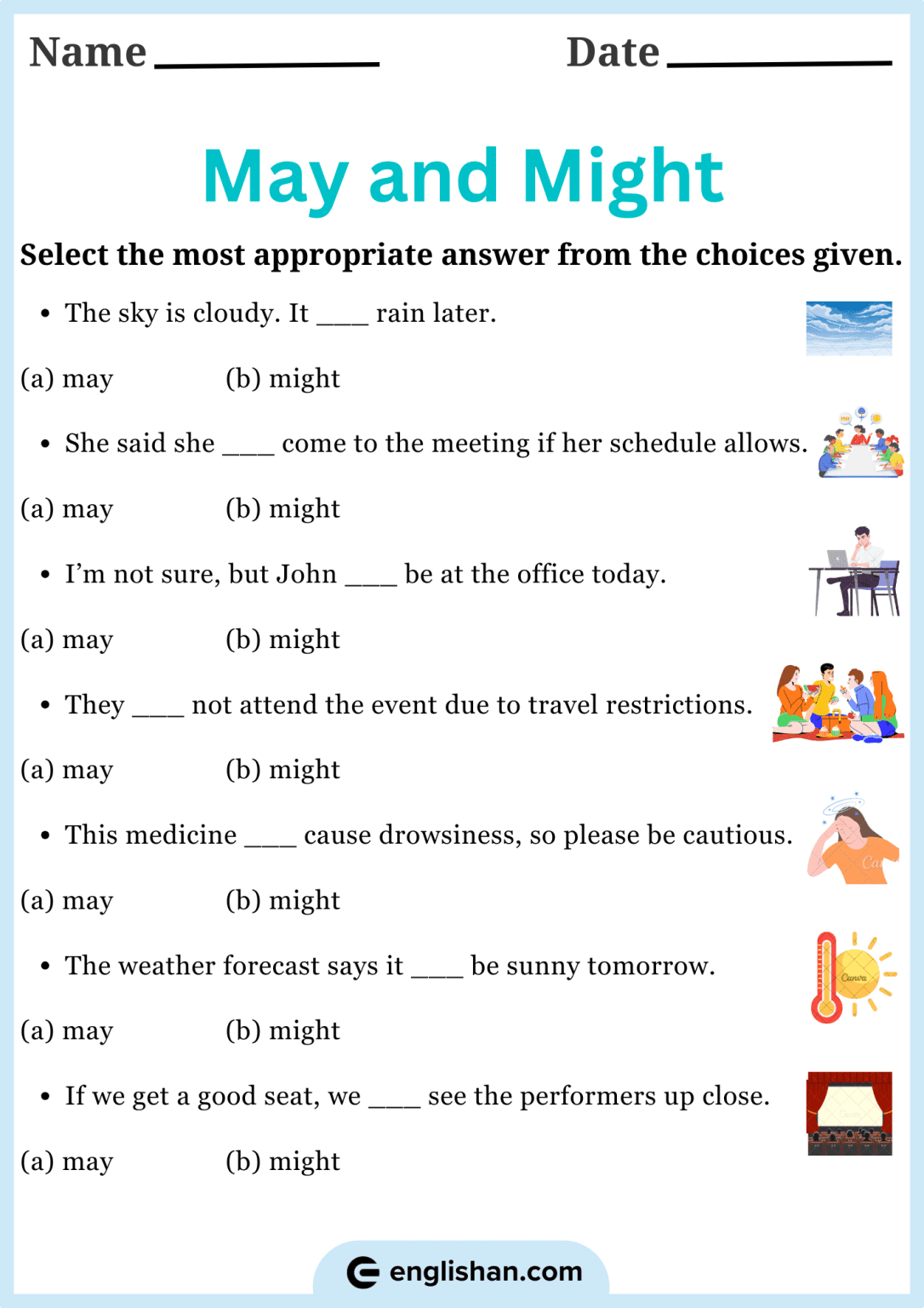 May and Might Worksheets with Answers