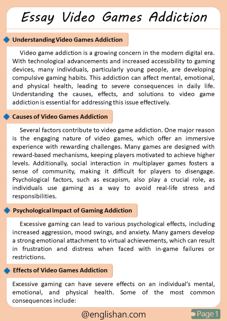 Video Games Addiction Essay – 10 Lines and 500 Words