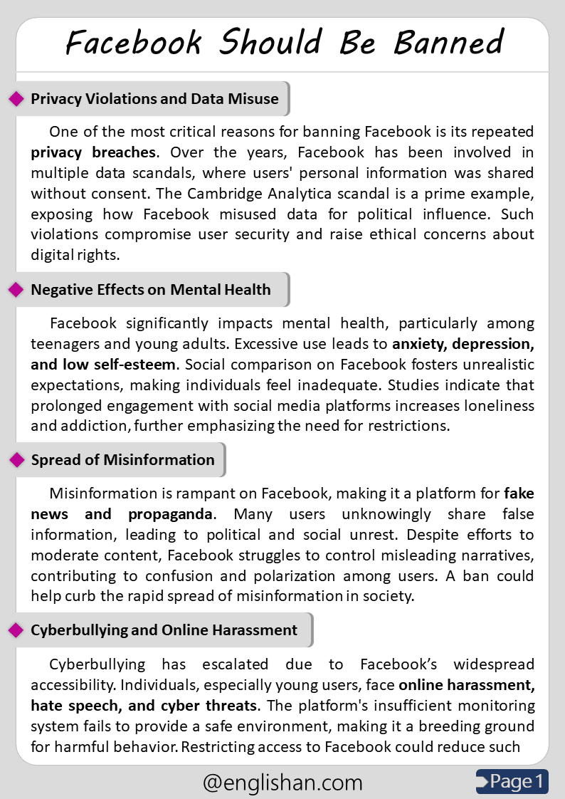 Facebook Should Be Banned Essay – 10 Lines, and 500 Words