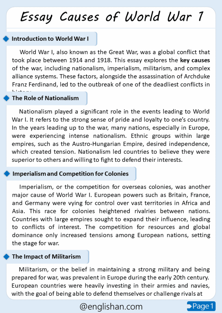 Causes of World War 1 Essay – 10 Lines, and 500 Words