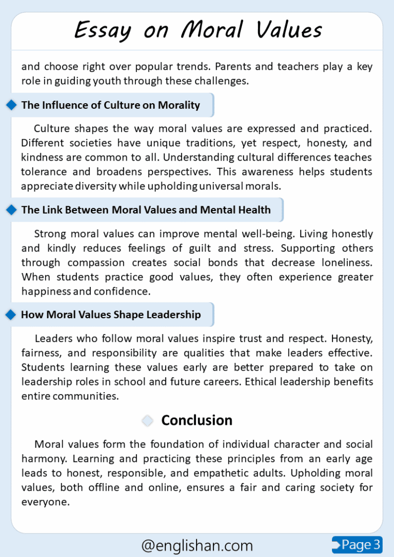 Moral Values Essay – 10 Lines, 250 Words, and 500 Words
