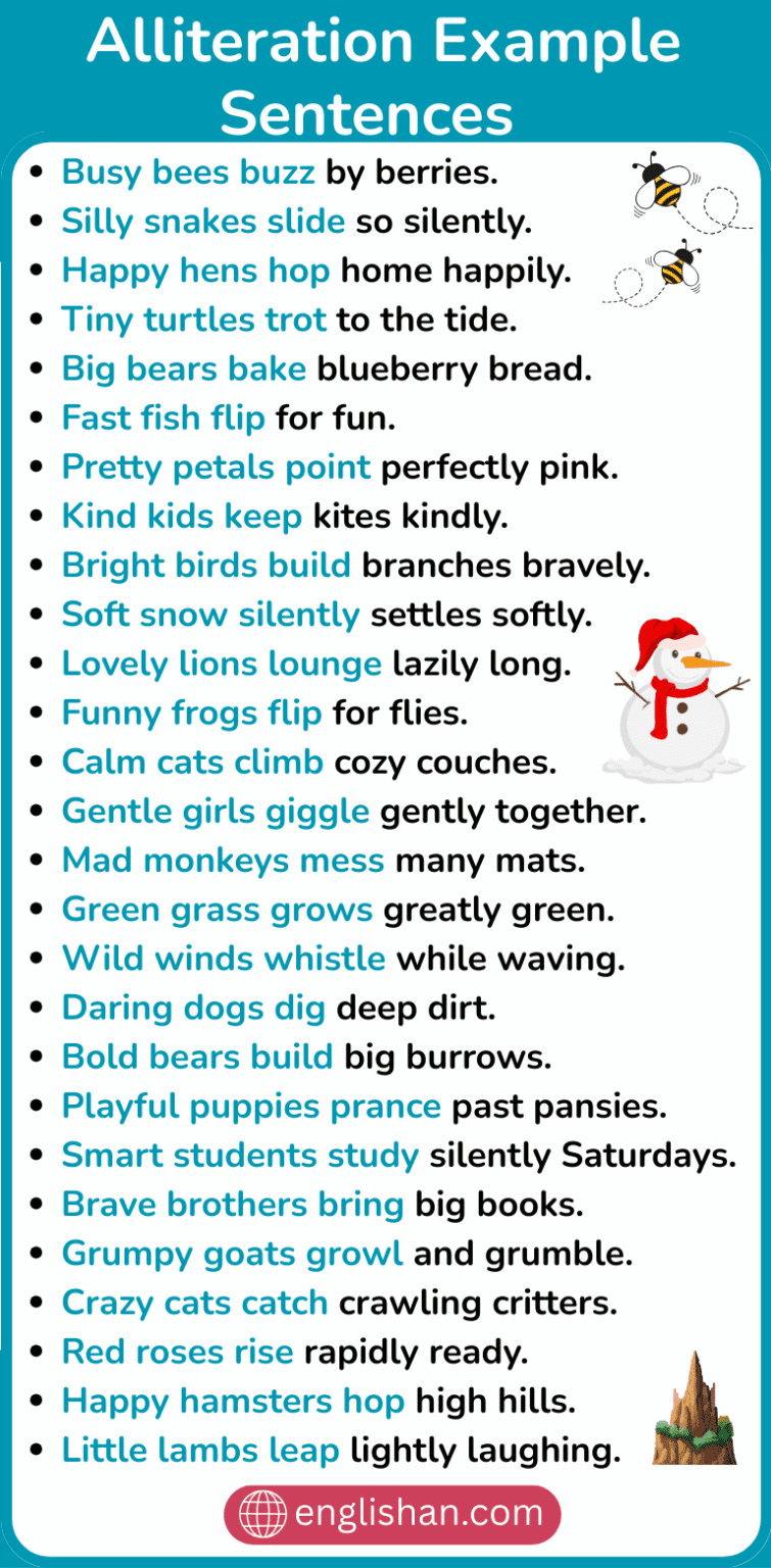 100 Alliteration Sentences Complete List