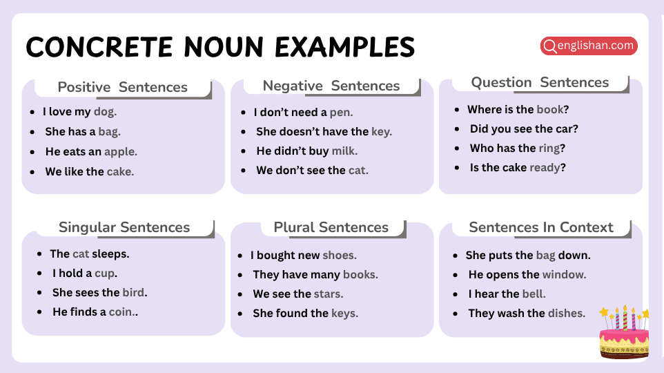 Comprehensive Concrete Noun Examples Sentences: 100 List