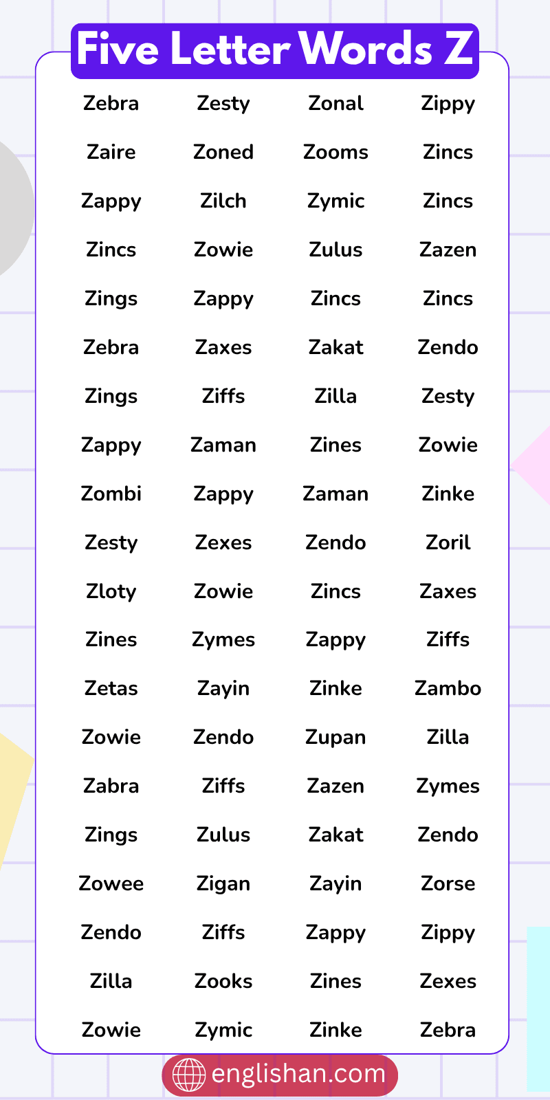 Five Letter Words With Z – 250 Vocabulary Words