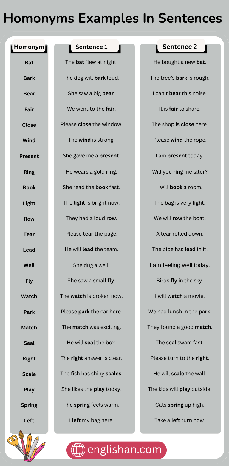 100 Useful Homonyms Examples Sentences List