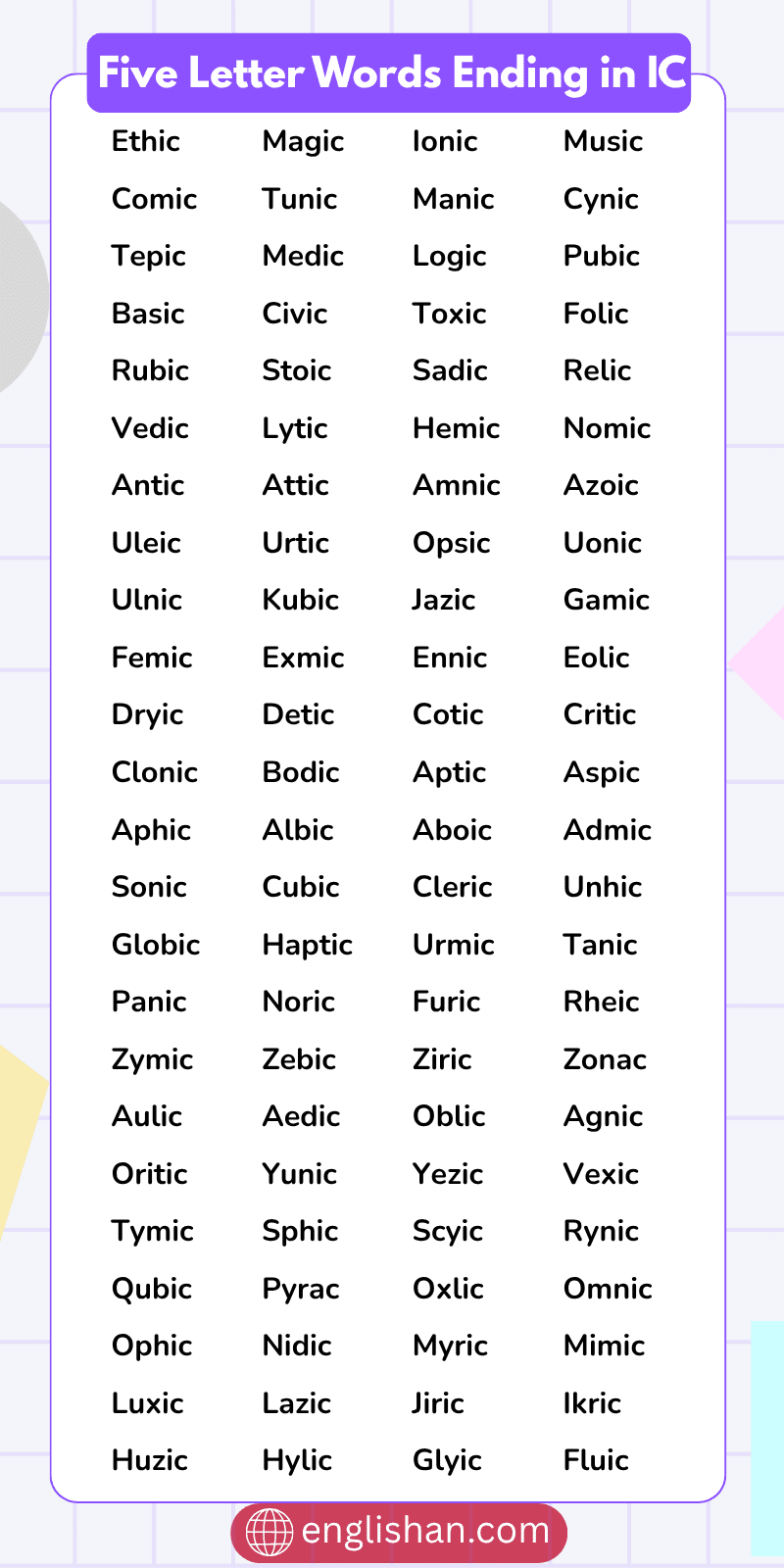 Five Letter Words Ending in IC – 200+ Word List