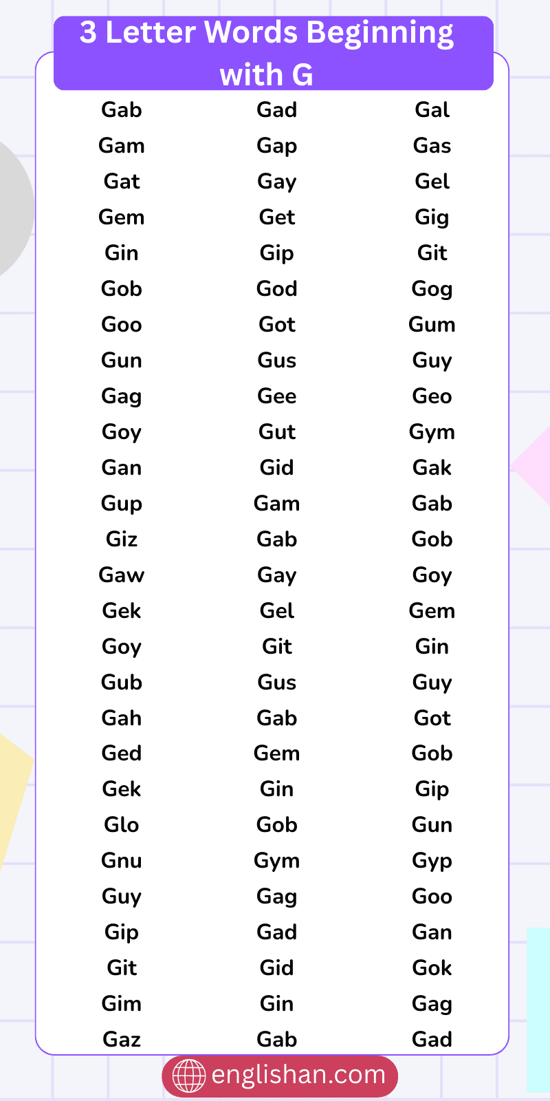 3 Letter Words Beginning with G – Complete Words List