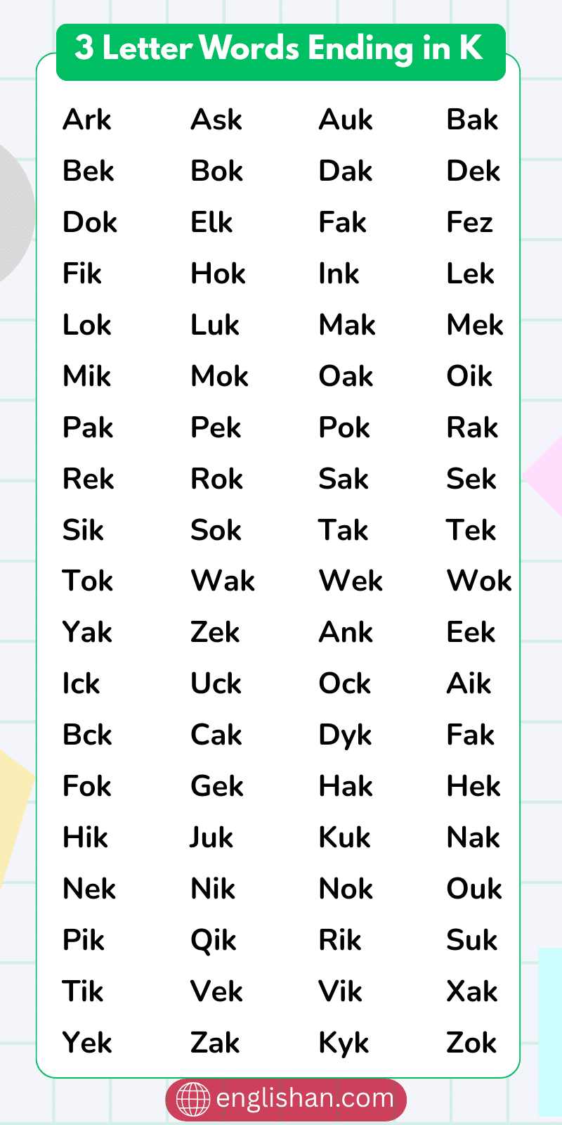 3 Letter Words Ending in K – Complete Words List