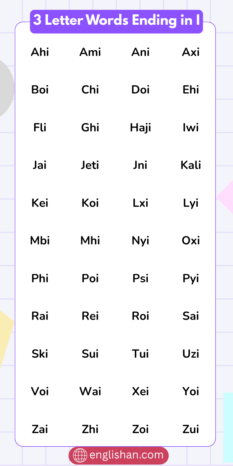Complete List of 3 Letter Words Ending in I