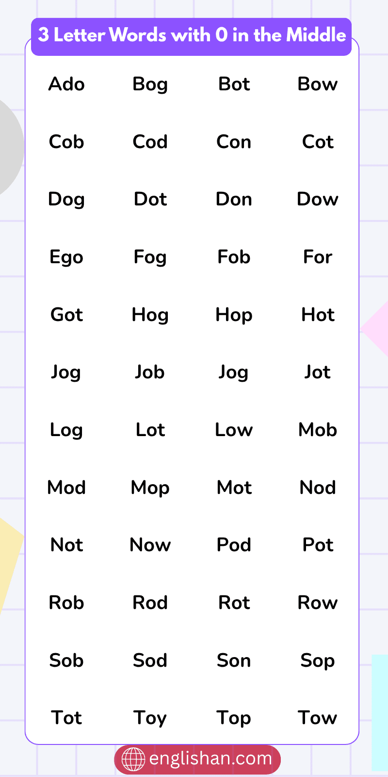 100+ List Of 3 Letter Words With O In The Middle