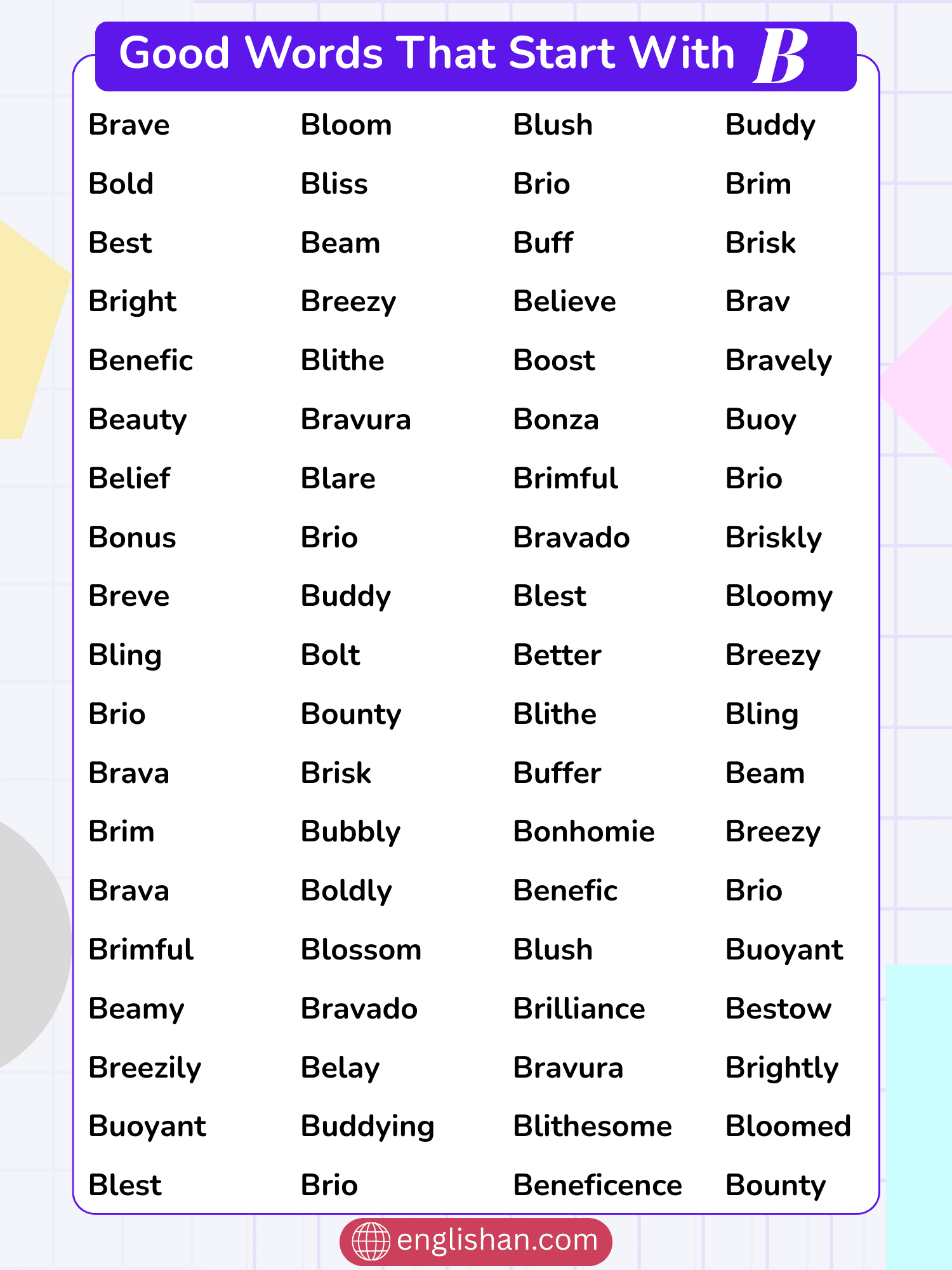 Good Words That Start With B – Complete 121 Words List