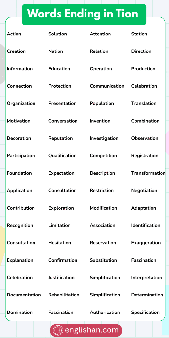 Words Ending In Tion Huge 250 Words List Words Ending In Tion Huge 250 Words List