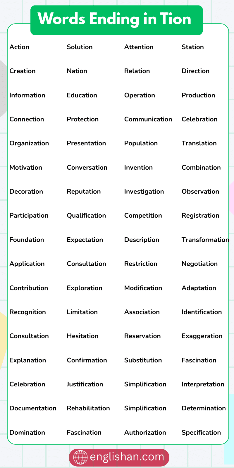 Words Ending In Tion Huge 250 Words List Words Ending In Tion Huge 250 Words List