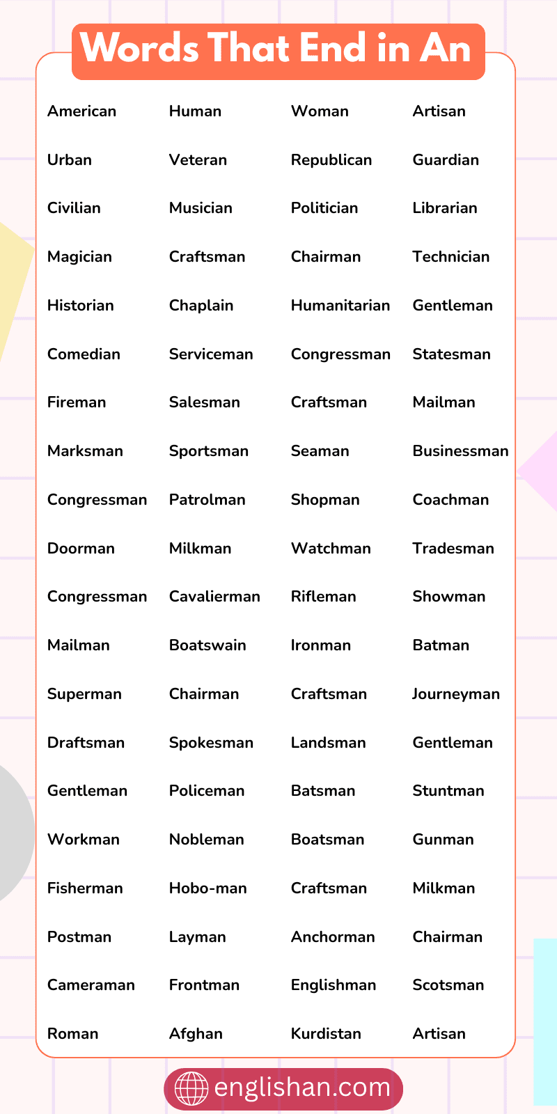 Words That End in An – Huge 200+ Words List