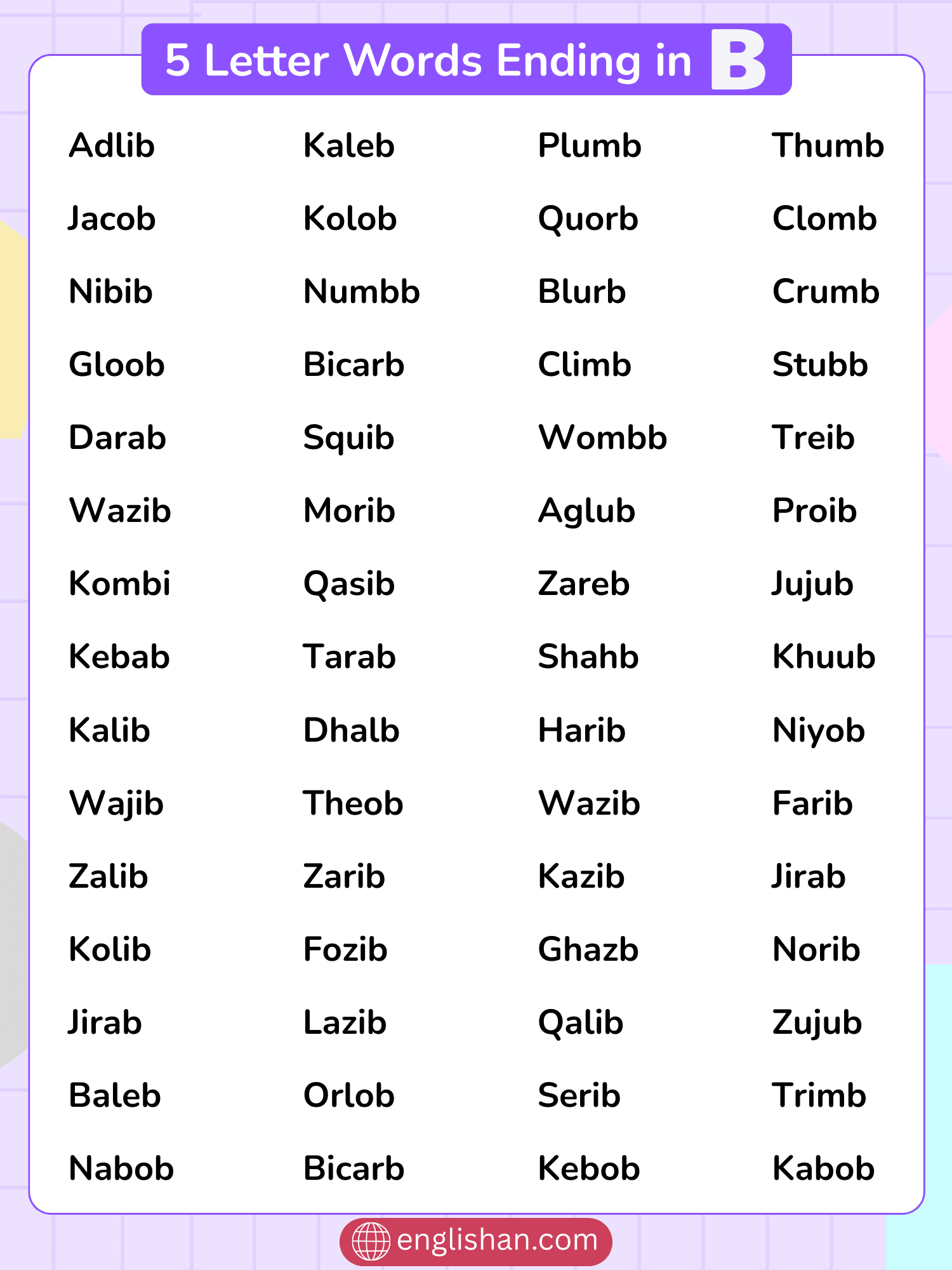 150 Common 5 Letter Words Ending in B | Words and Meanings